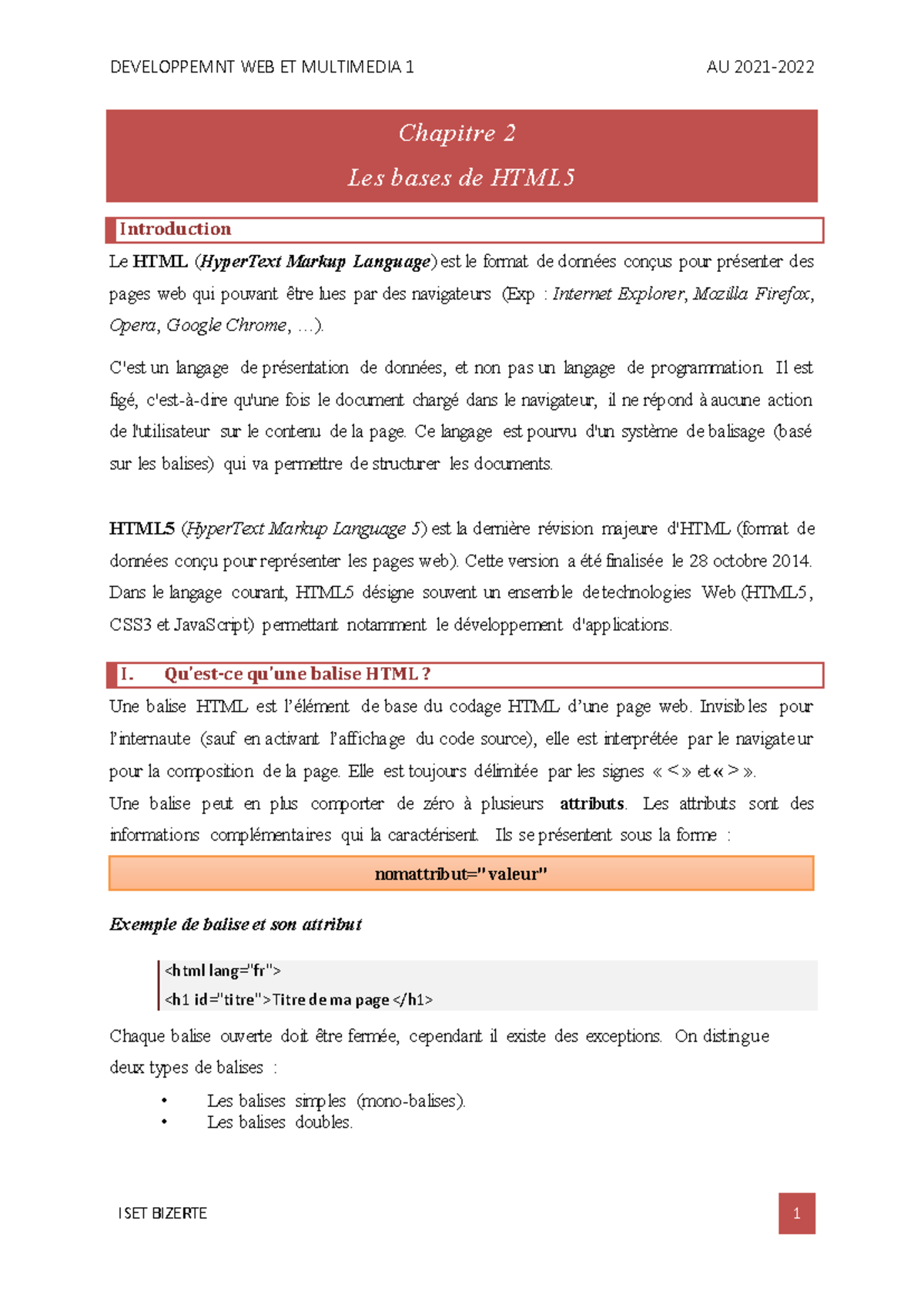 DEVELOPPEMENT WEB ET MULTIMEDIA 1 - Chapitre 2 : Bases de HTML5 - Studocu