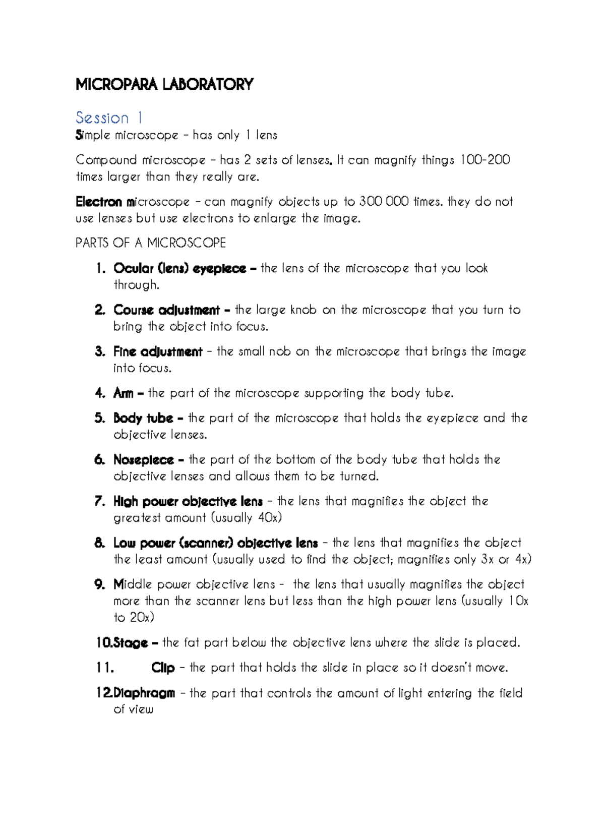 MICROPARA LAB (BIO 101): Comprehensive Reviewer for Sessions 1-16 - Studocu