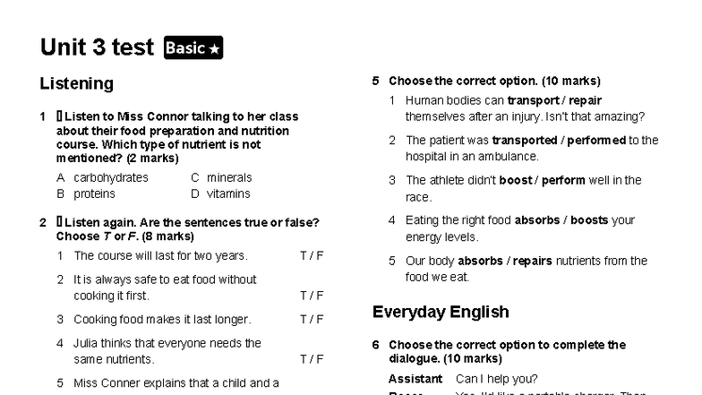 DY4 U3 Listening & Grammar Test: Food Prep & Nutrition - Studocu