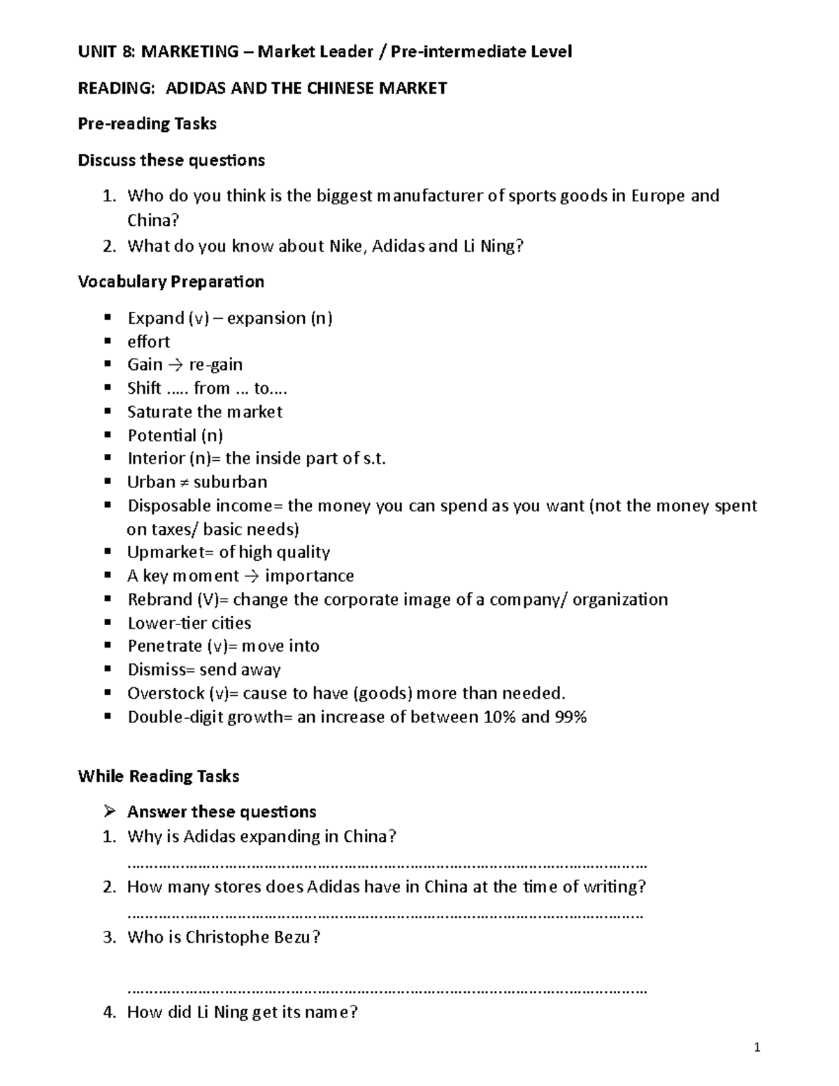 Reading TASK - UNIT 8 - eng - UNIT 8: MARKETING – Market Leader / Pre ...