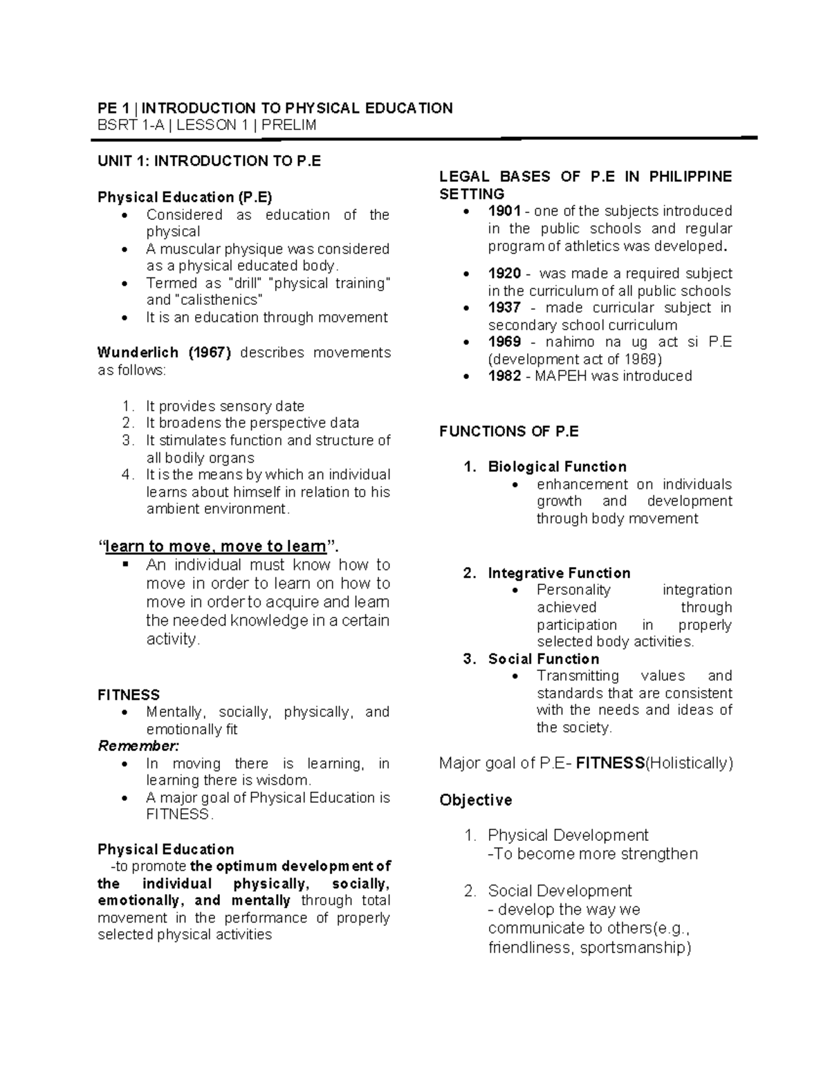 PE 1 BSRT Lesson 1: Introduction to Physical Education and Fitness ...