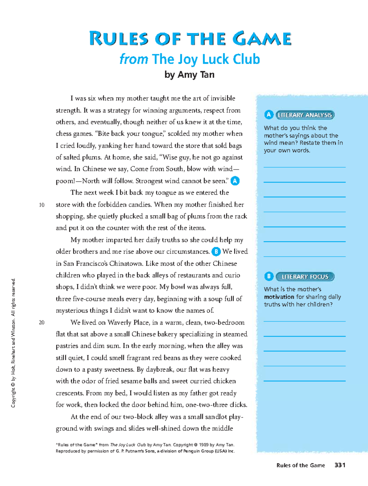 Rules of the Game: A Literary Analysis of Amy Tan's Work - Studocu