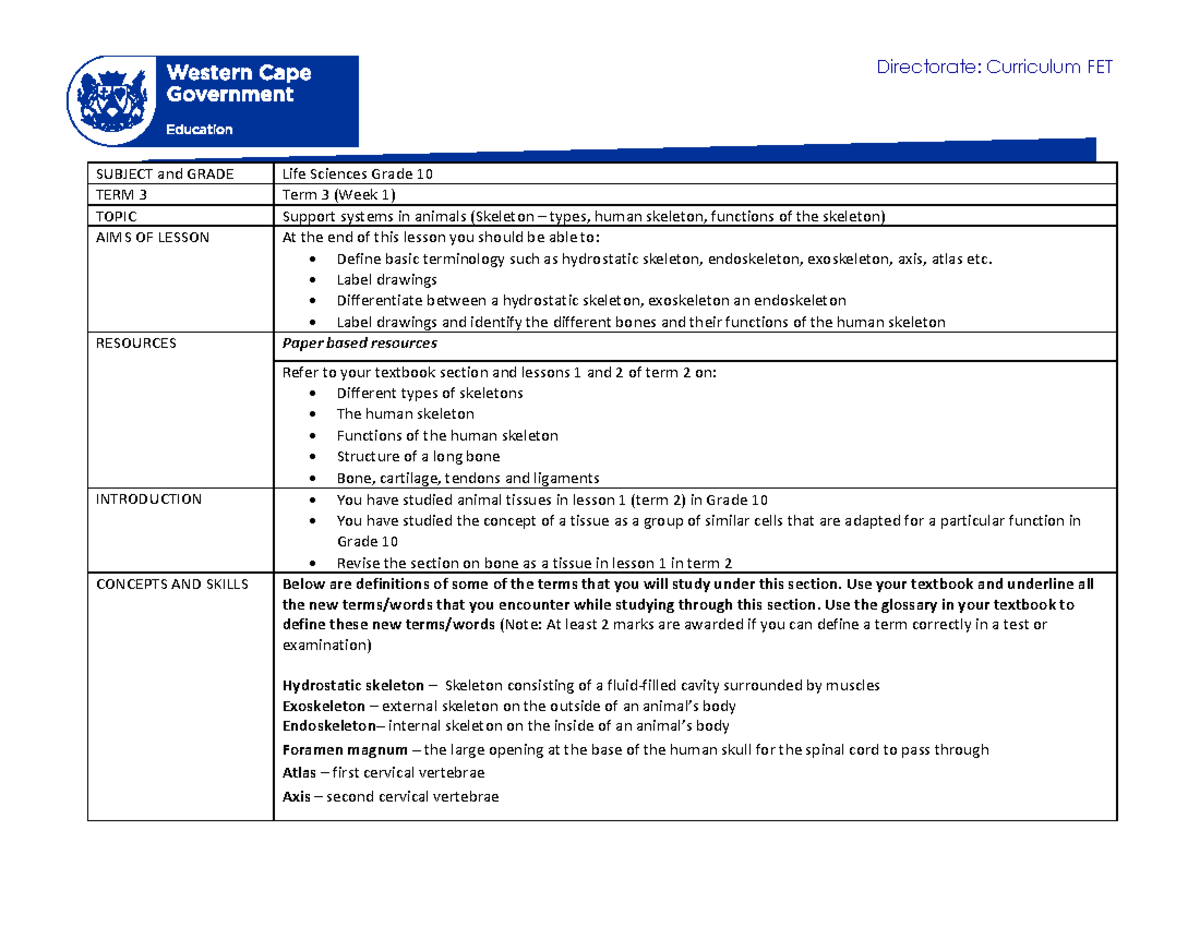 Life Sciences Grade 10 Term 3 Week 1: Support Systems in Animals - Studocu