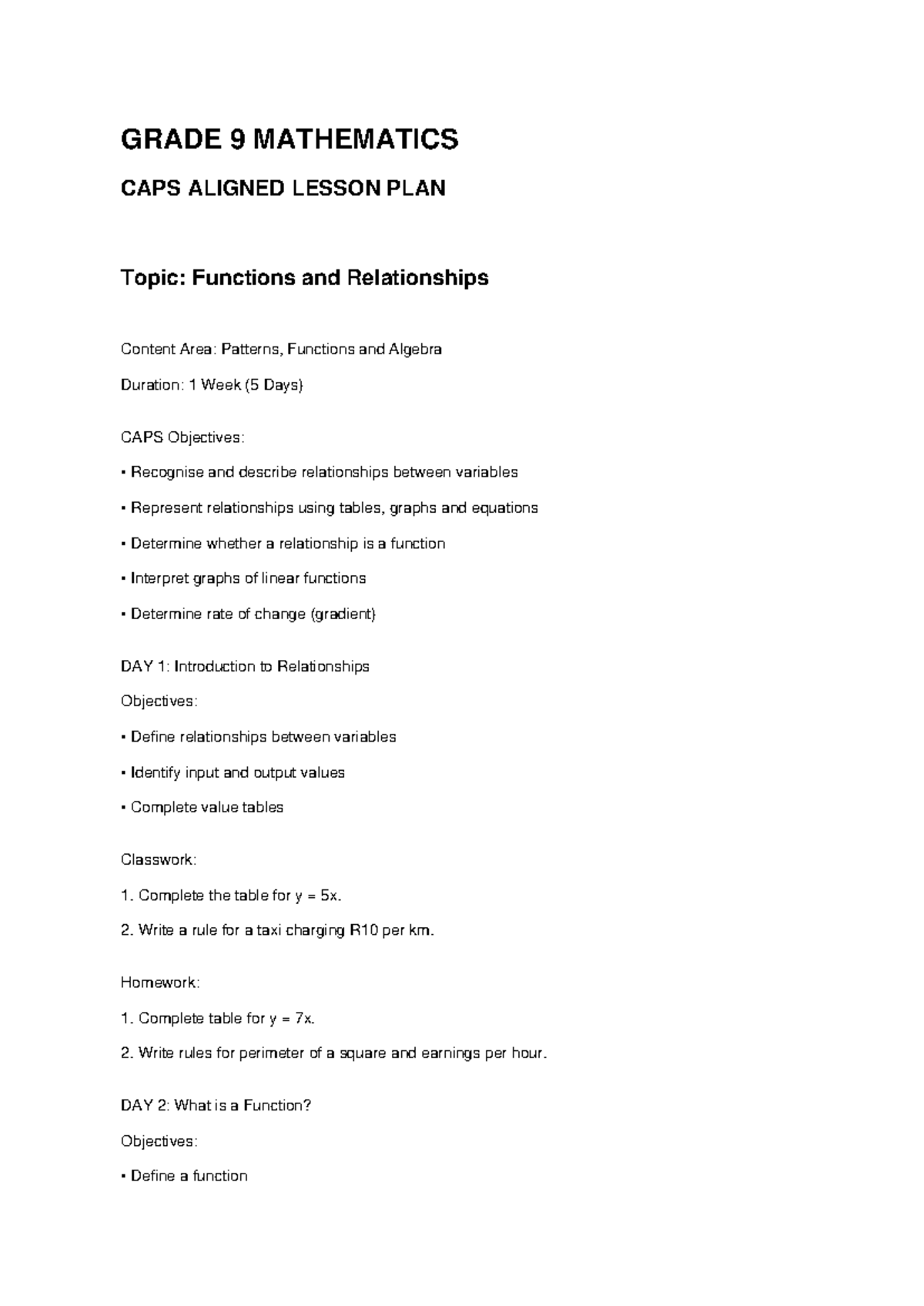 Grade 9 Mathematics CAPS Lesson Plan: Functions & Relationships - Studocu