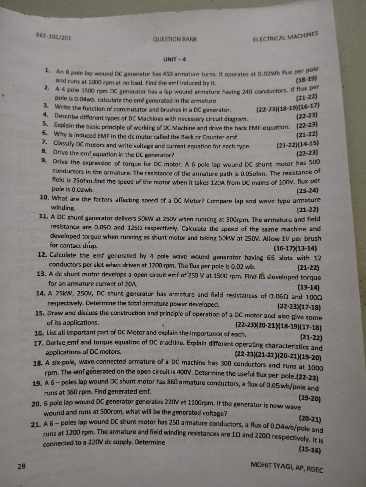 BEE-101: Electrical Assignment 4 - Question Bank on DC Machines and ...