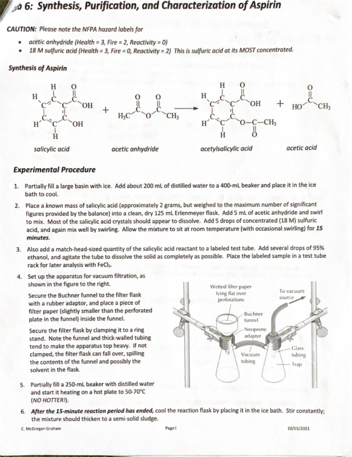 Lab 6 - Chem 126: Synthesis and Purification of Aspirin with Discussion ...