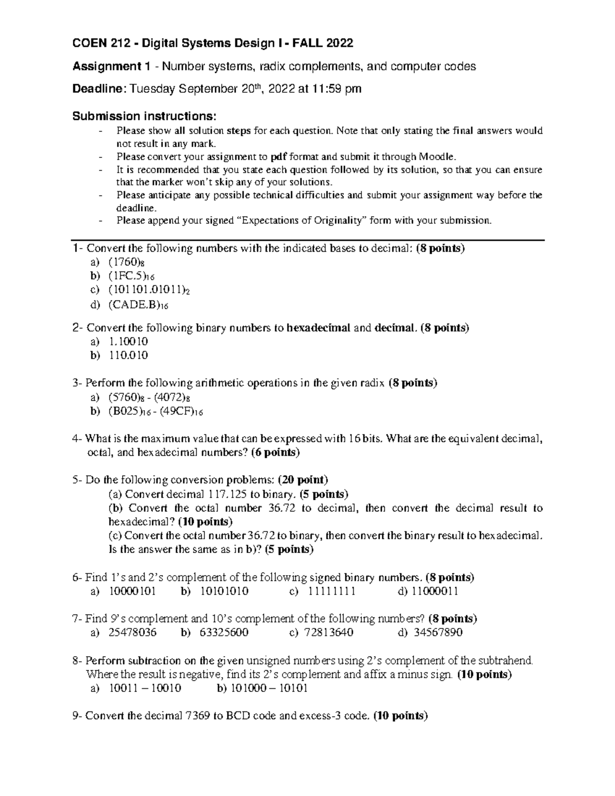 Assignment 1 - COEN 212 - Digital Systems Design I - FALL 2022 ...