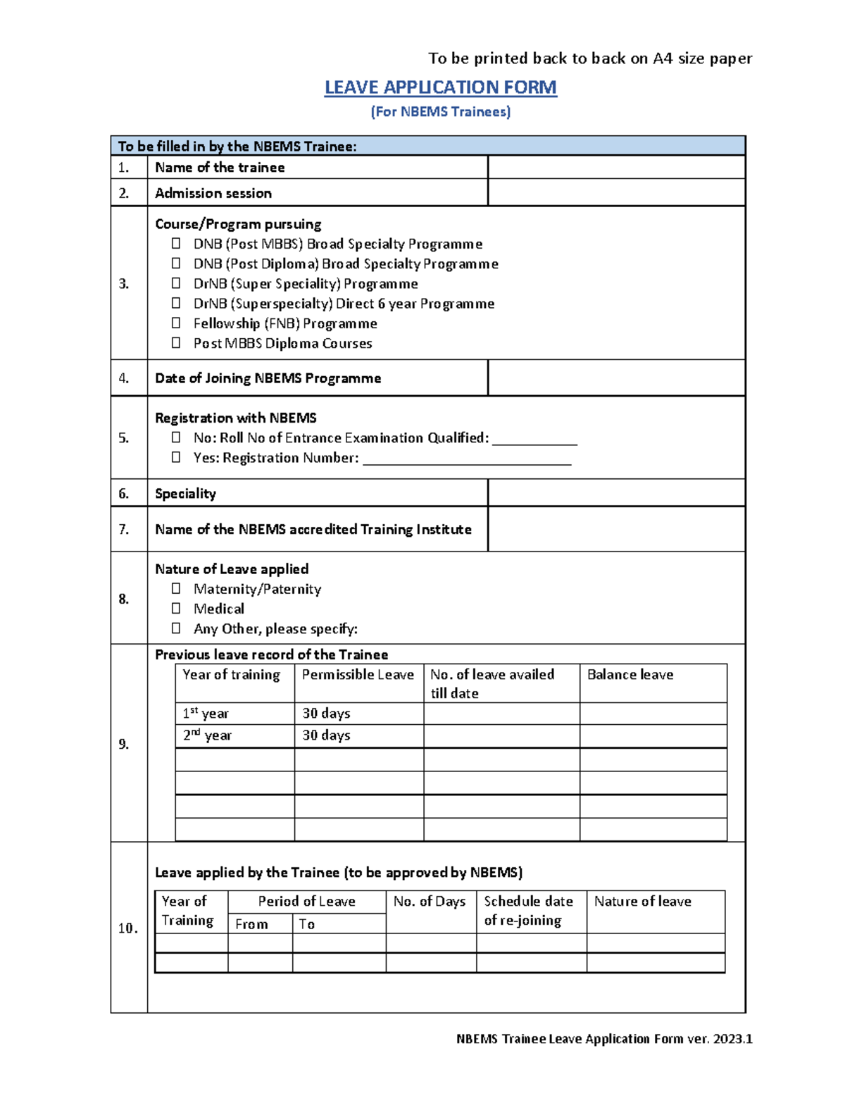 NBEMS Trainee Leave Application Form (Ver. 2023) - Studocu