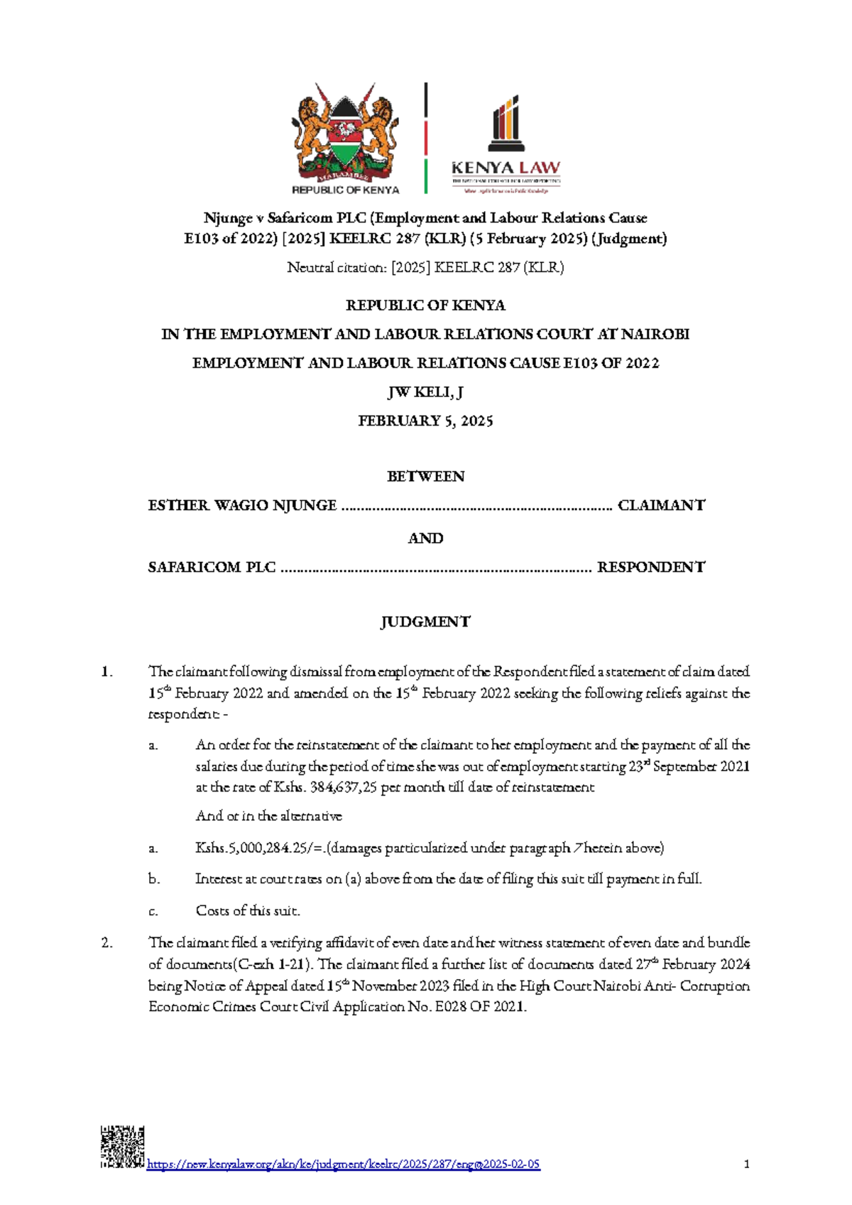 Njunge v Safaricom PLC (Emp & Lab Relations Cause E103/2022) Judgment ...