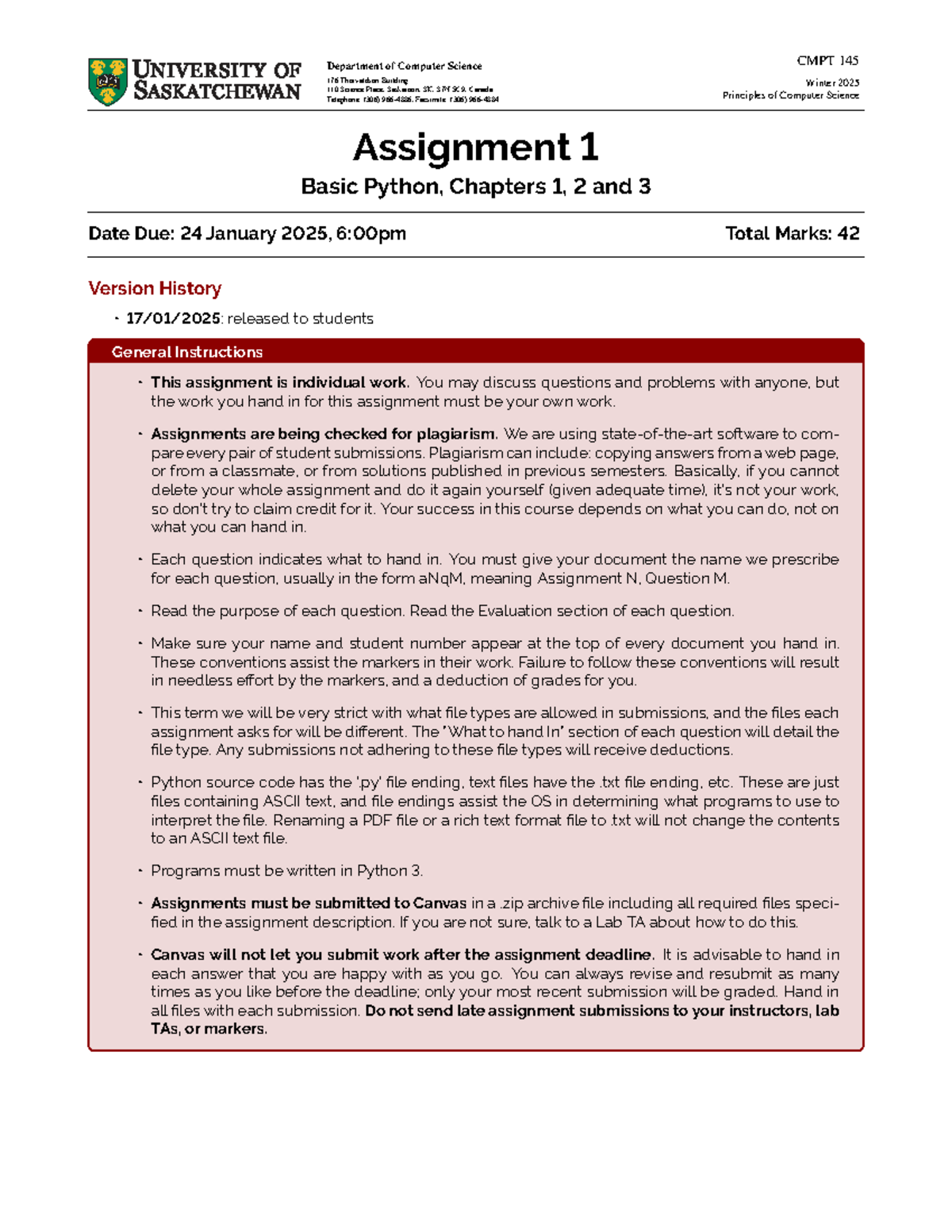 CMPT 145 Winter 2025 Principles of Computer Science Assignment 1: Basic ...