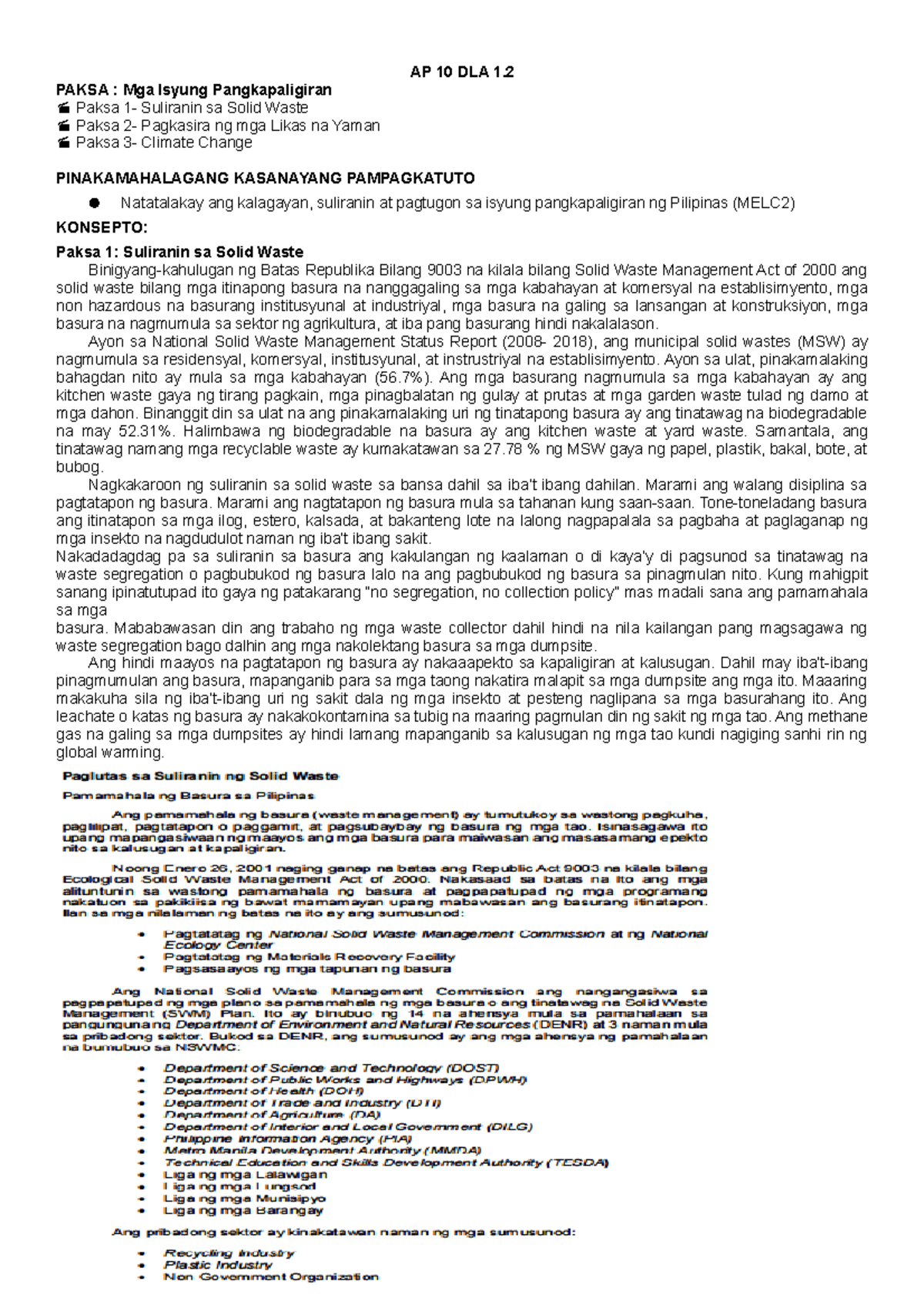 AP 10 DLA 2 - ARALING PANLIPUNAN QUARTER 1 MOD 2: Environmental Issues ...