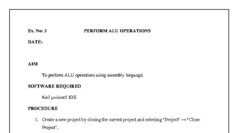 Ex. No: 3 ALU Operations in Assembly Language - 3rd IoT - Studocu