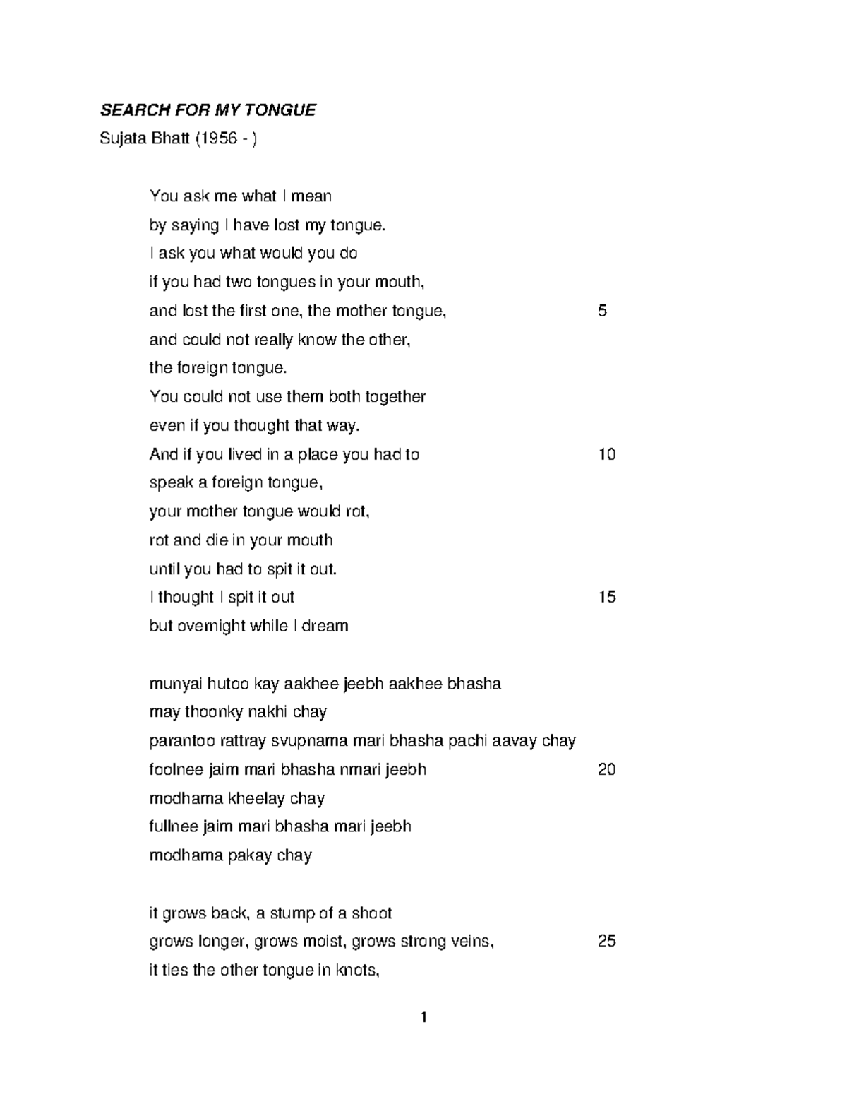 SEARCH FOR MY TONGUE: Analysis of Sujata Bhatt's Poem - Studocu