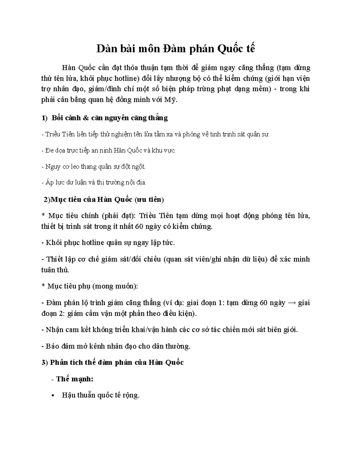 Dàn bài môn Đàm phán Quốc tế: Chiến lược và Kế hoạch Hàn Quốc - Studocu