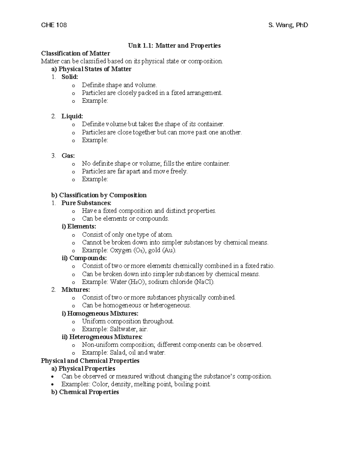 CHE 108 Unit 1.1: Overview of Matter and Its Properties - Studocu