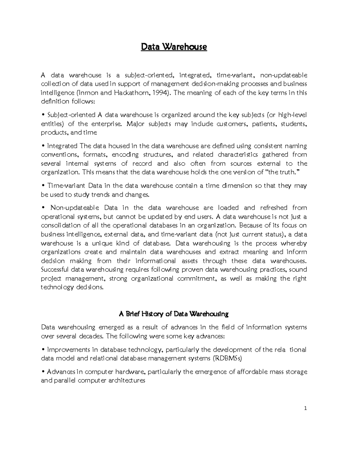 Data Warehouse Concepts: Advanced Notes for DB Course - Studocu