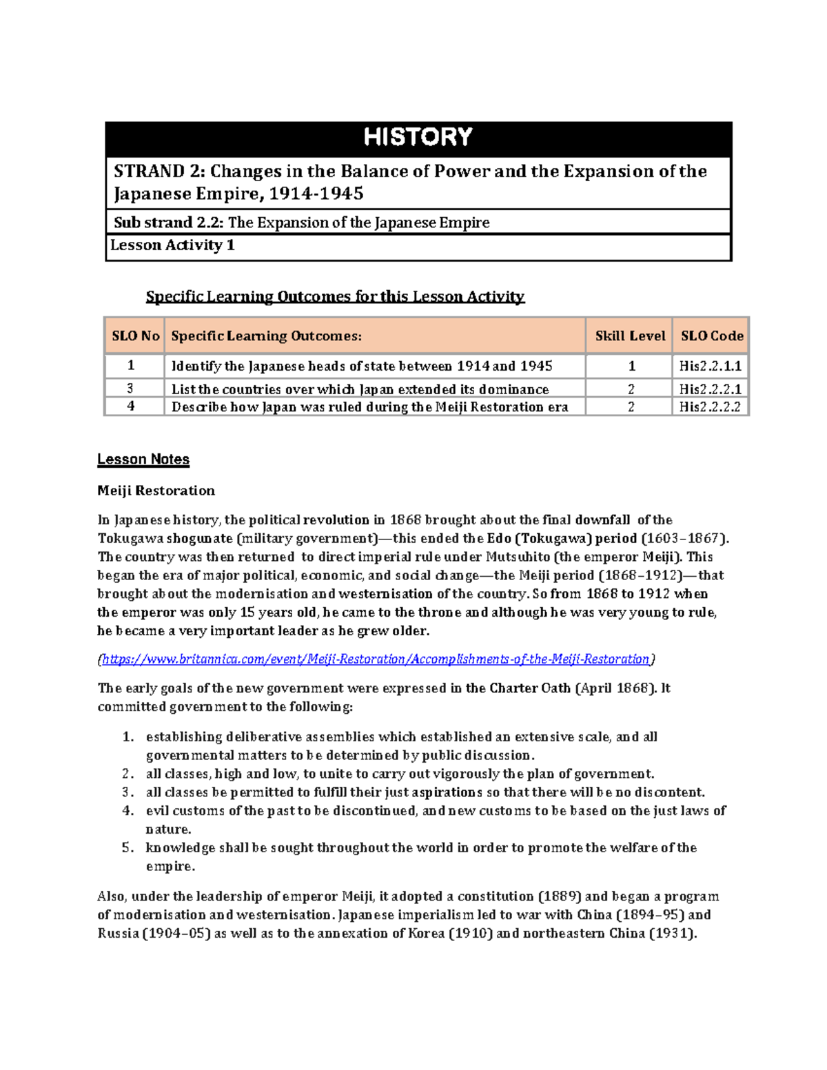 Meiji Restoration & Japanese Empire Expansion Lesson (His2.2) - Studocu