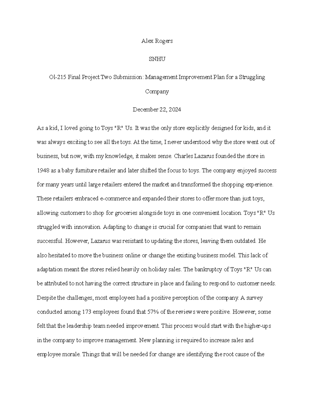 OL-215 Final project module 8 - Alex Rogers SNHU Ol-215 Final Project Two Submission: Management ...
