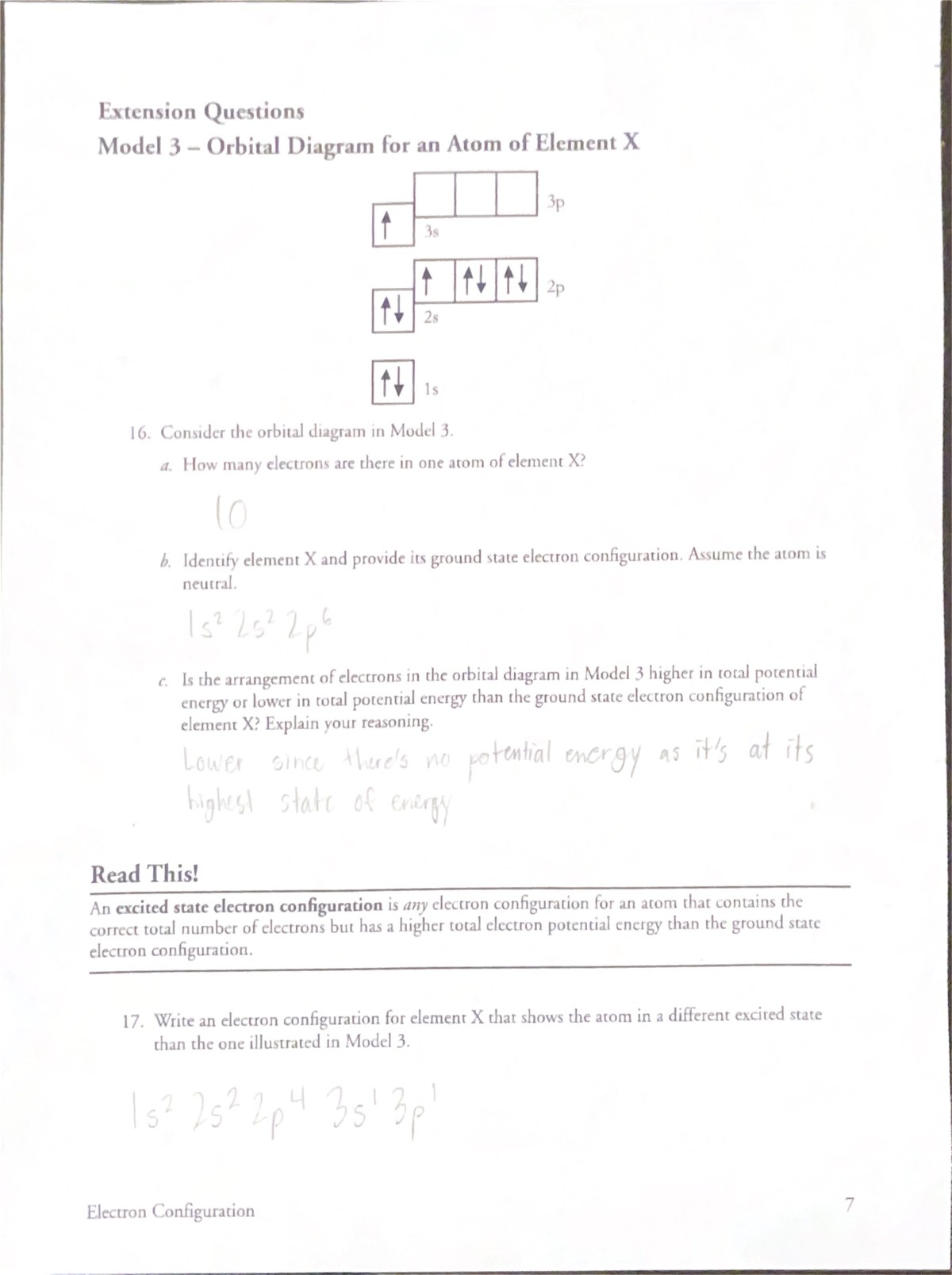 Electron Configuration Study Guide: Model 3 for Element X (Ch 7-8 ...