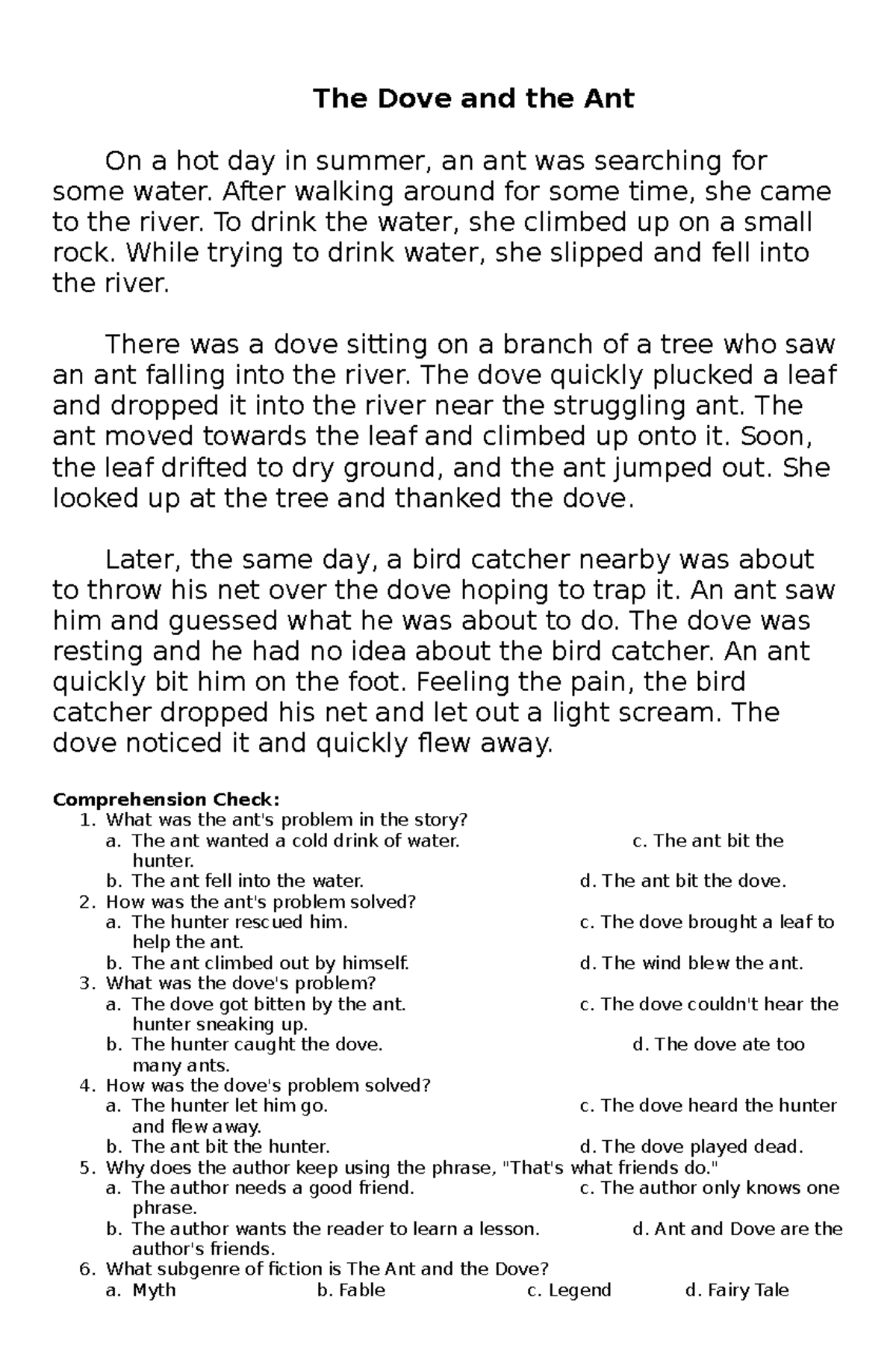 The Dove and the Ant: A Fable of Friendship and Kindness - Studocu