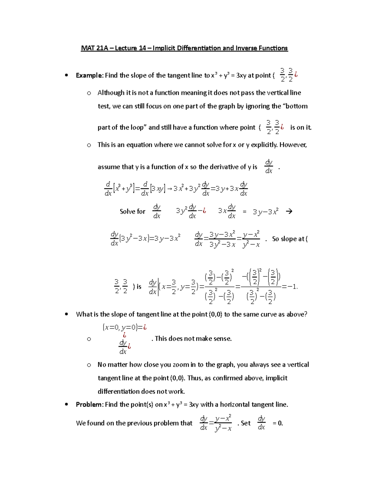 MAT 21A – Lecture 14 – Implicit Differentiation and Inverse Functions ...