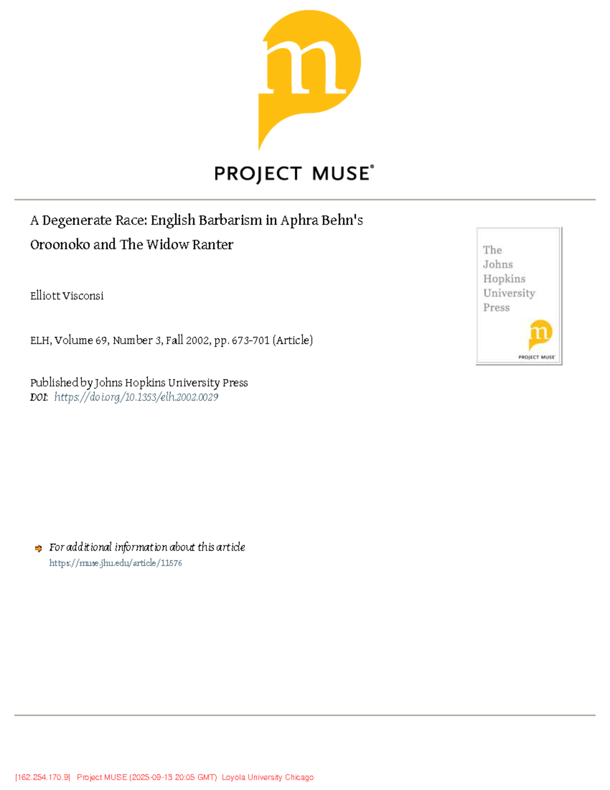 English Barbarism in Aphra Behn's Oroonoko and The Widow Ranter (ELH ...