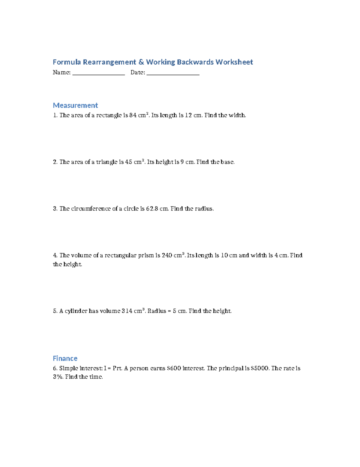 Formula Rearrangement Worksheet: Working Backwards Exercises - Studocu