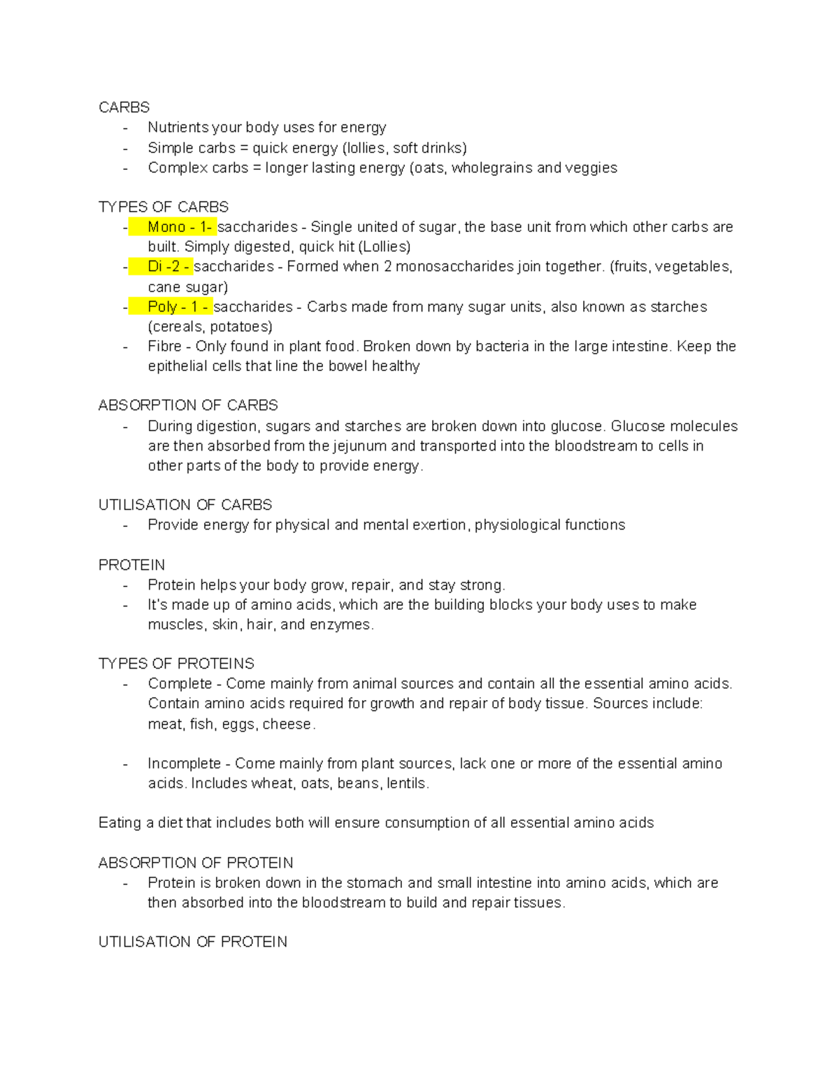Food Studies Cue Cards: Understanding Carbs, Proteins, and Fats - Studocu