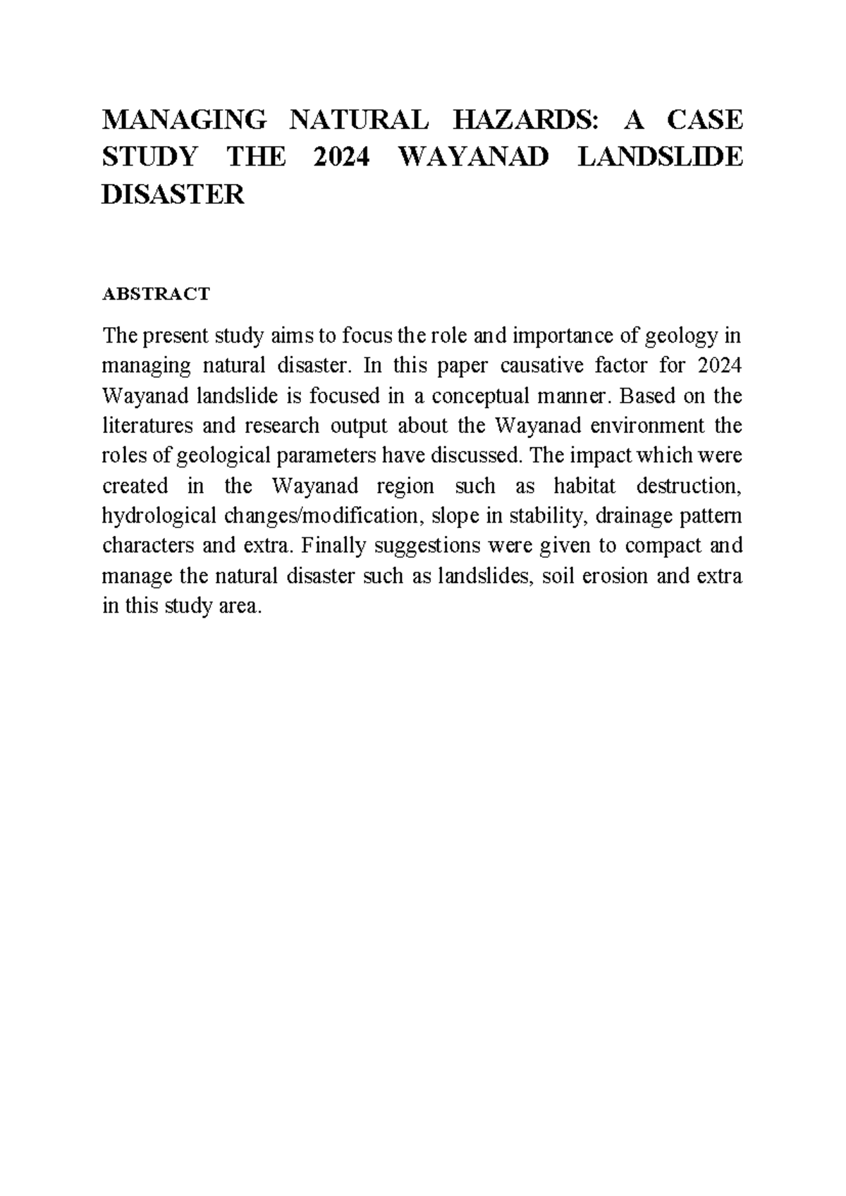 Abstract OF Managing Natural Hazards - MANAGING NATURAL HAZARDS: A CASE ...