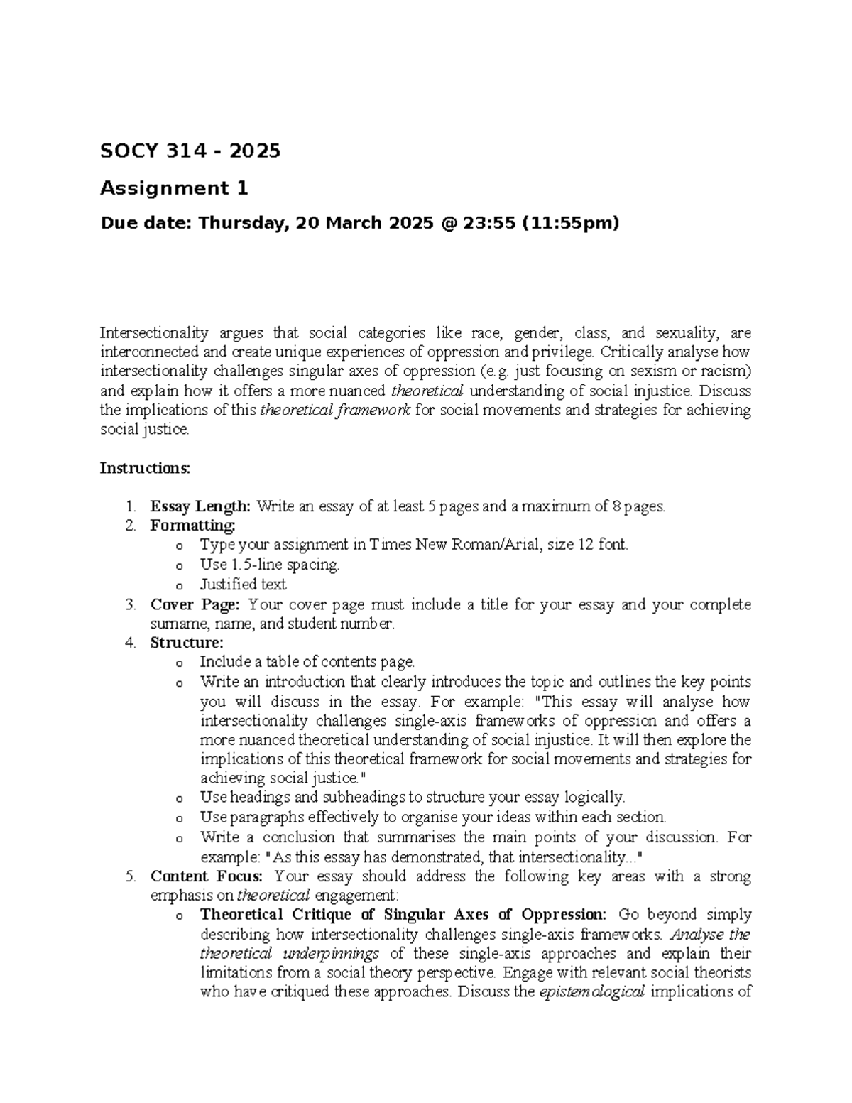 Assignment 1 SOCY 314 2025 - SOCY 314 - 2025 Assignment 1 Due date: Thursday, 20 March 2025 @ 23 ...