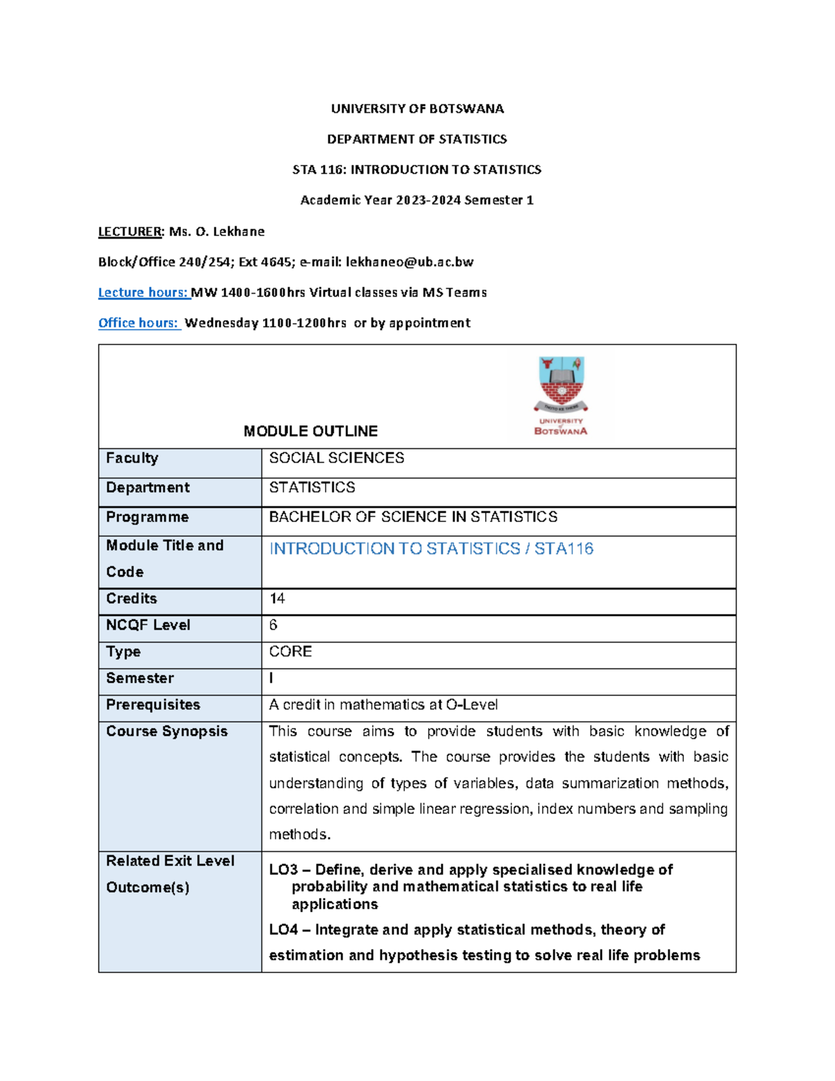 STA 116 Lec02 Introduction to Statistics Course Outline 2023-2024 - Studocu