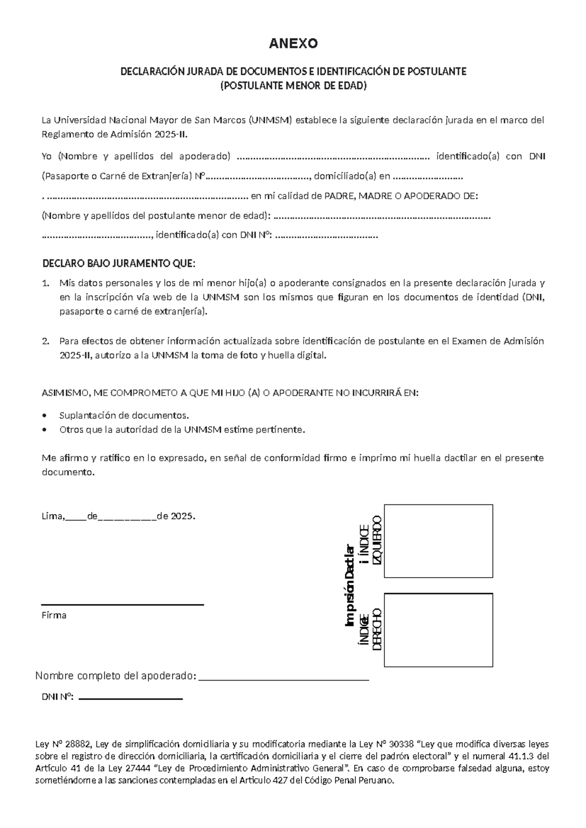 Declaración Jurada Menores de Edad - Anexo DJME 2025-II - Studocu