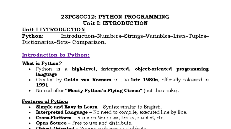 23PCSCC12: Python Programming Unit I - Introduction and Basics - Studocu