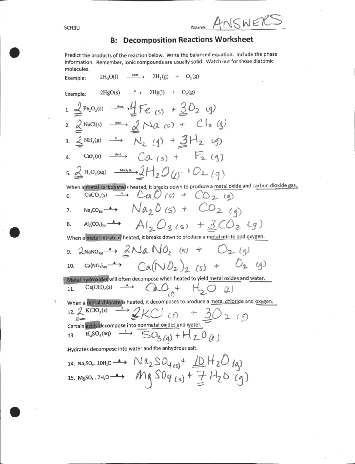 Decomposition Reactions Worksheet Answers - Course Code 04 - Studocu