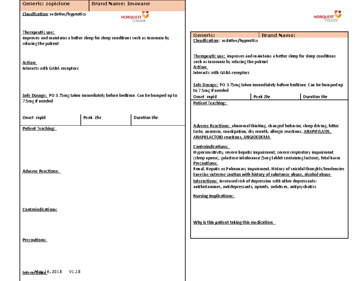 Medication Cards - May 16, 2018 V1. Generic: zopiclone Brand Name ...