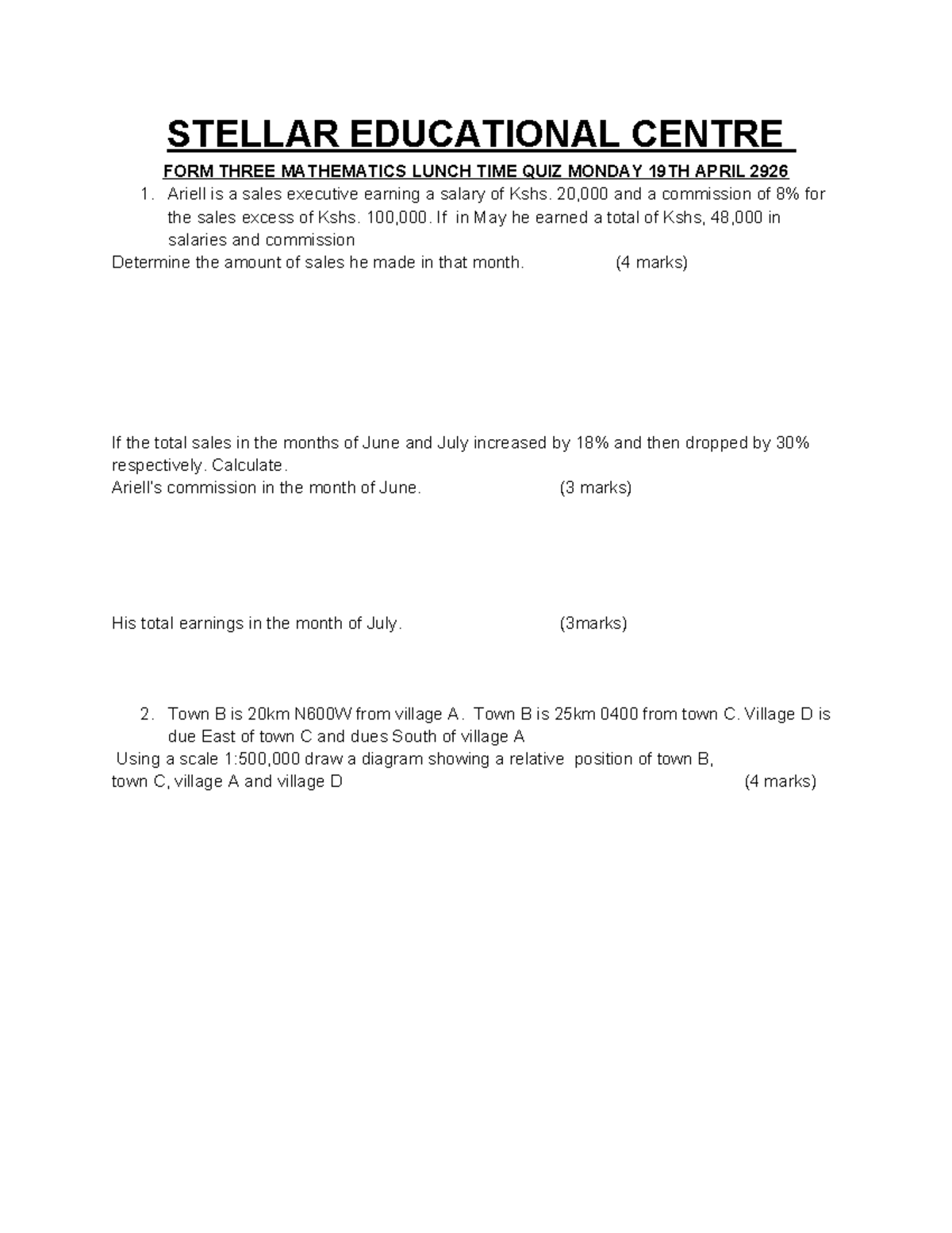 Form Three Mathematics Lunch Time Quiz - April 19, 2026 - Studocu