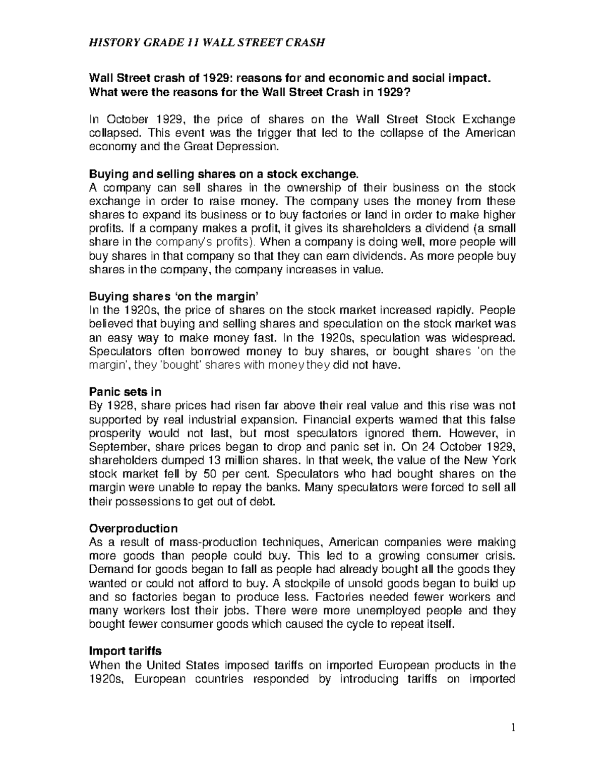 HISTORY GRADE 11 ESSAY: WALL STREET CRASH OF 1929 ANALYSIS - Studocu