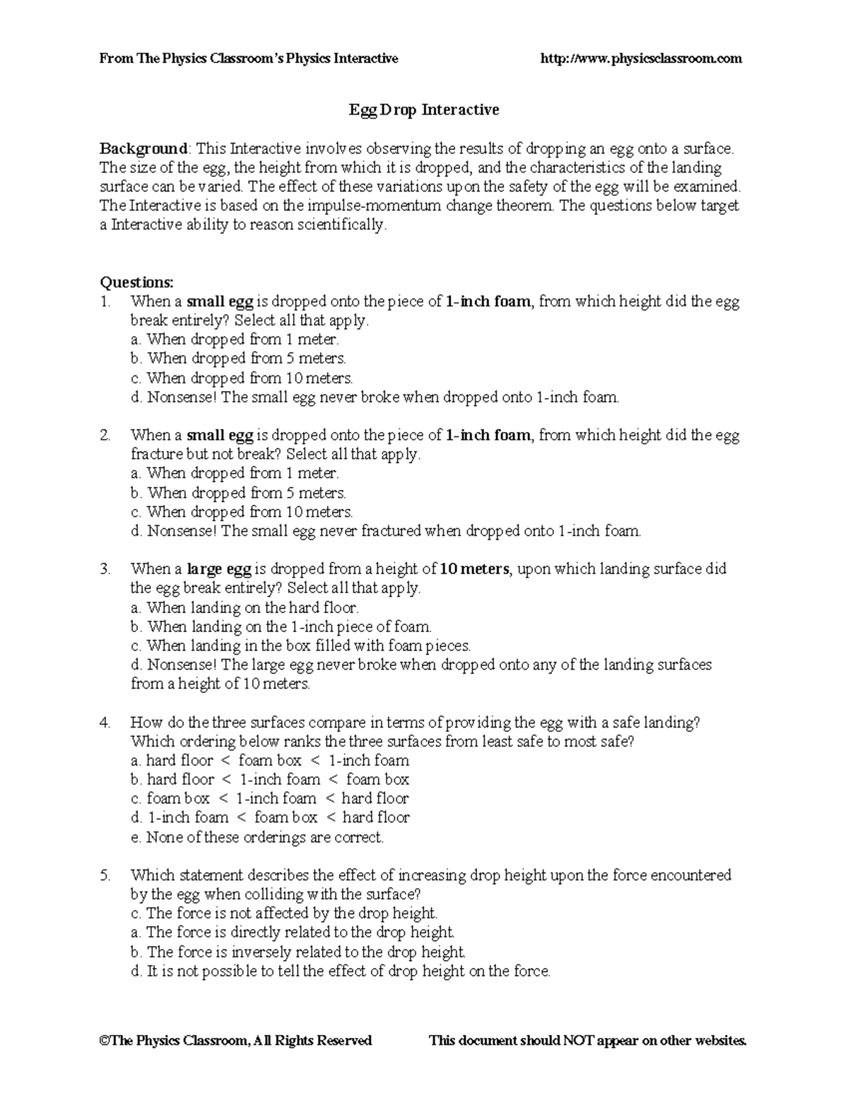 Egg Drop Interactive (Physics 101) - Questions & Observations - Studocu