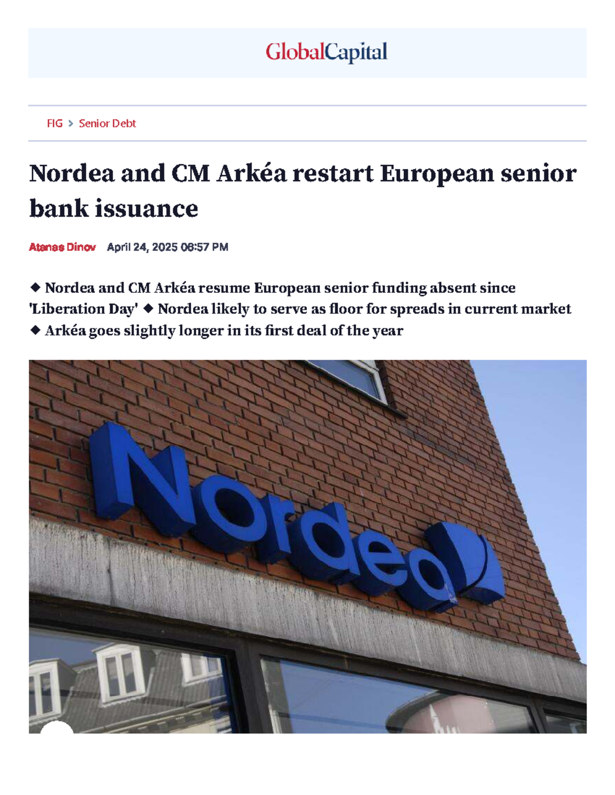 Nordea & CM Arkéa: Restart of European Senior Bank Issuance - Studocu