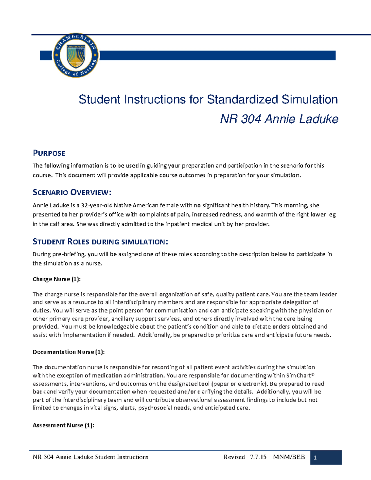 NR 304 Annie Laduke Simulation Pre-briefing Guidance and Roles - Studocu