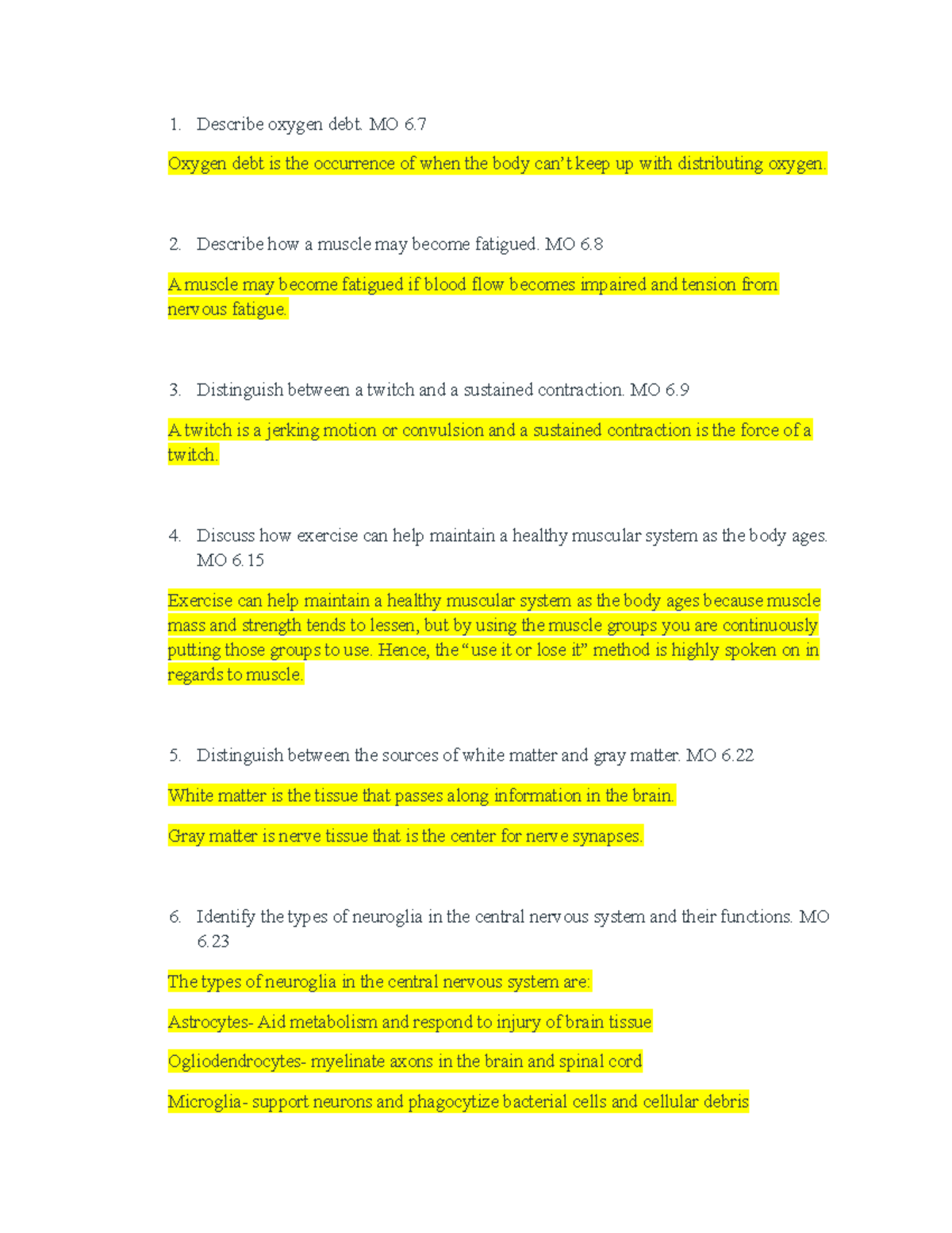Chapter 9 and 10 Objective Assignment TW - Describe oxygen debt. MO 6 ...