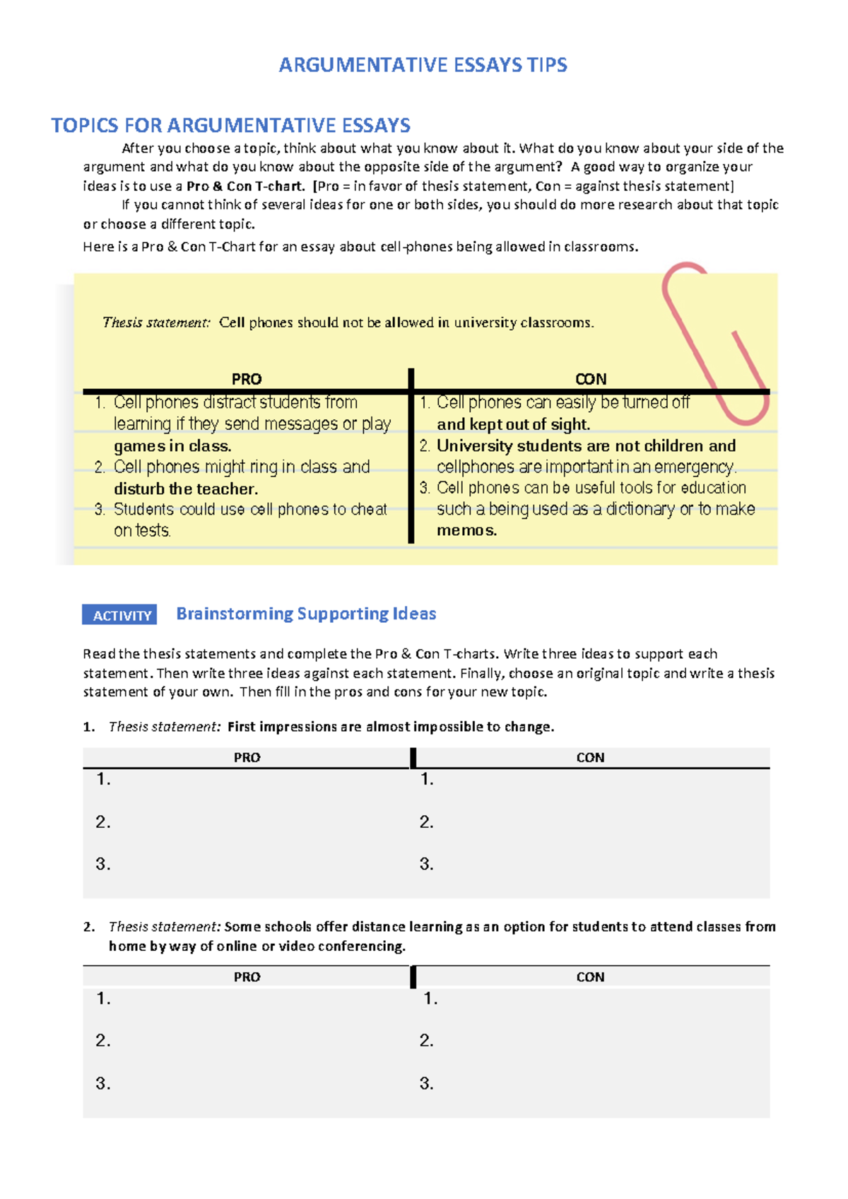 Argumentative Essay Tips: Pro & Con T-Chart Sample - Studocu