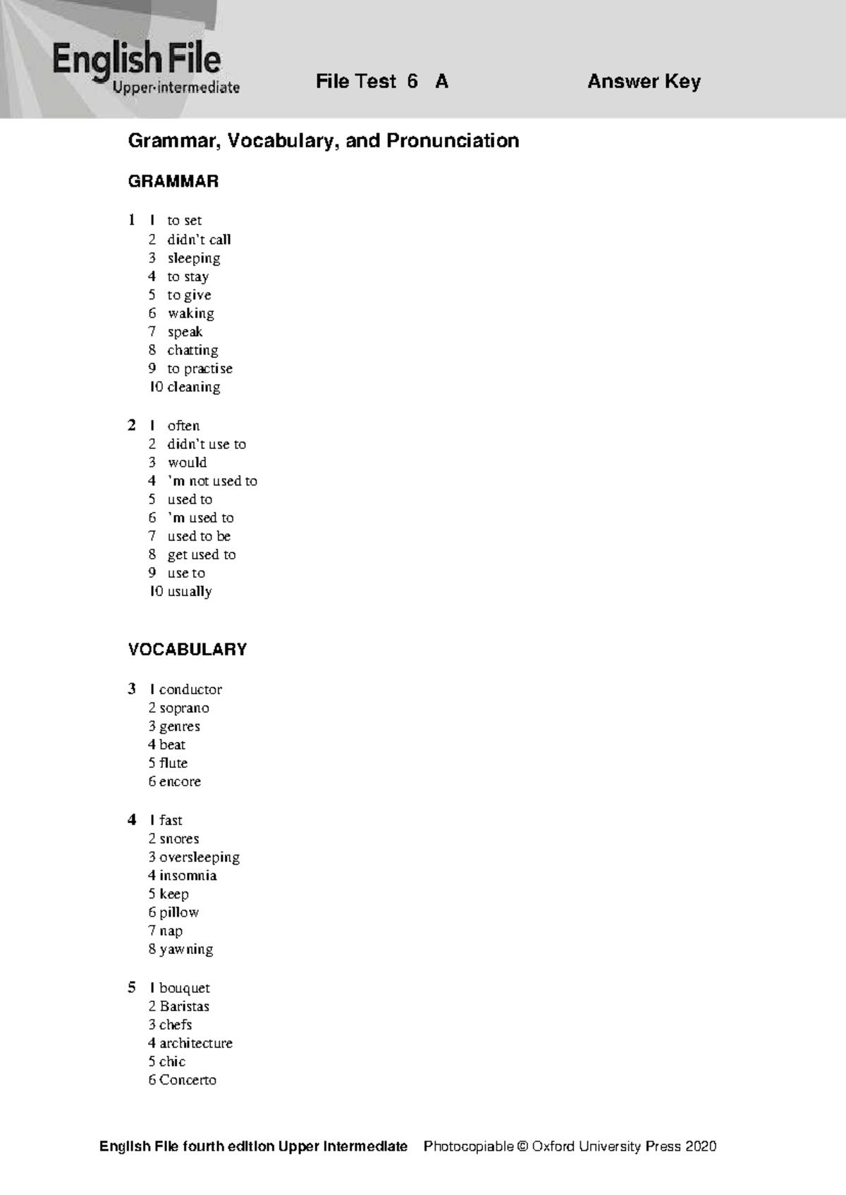 File Test 6A Answer Key: Grammar, Vocabulary & Pronunciation - Studocu