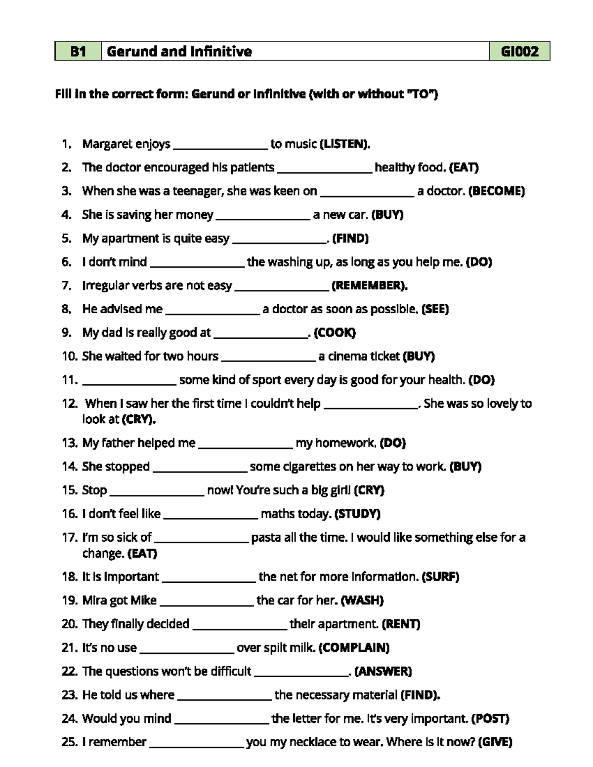 B1 Gerund and Infinitive Practice GI002 Fill in the Blanks - Studocu
