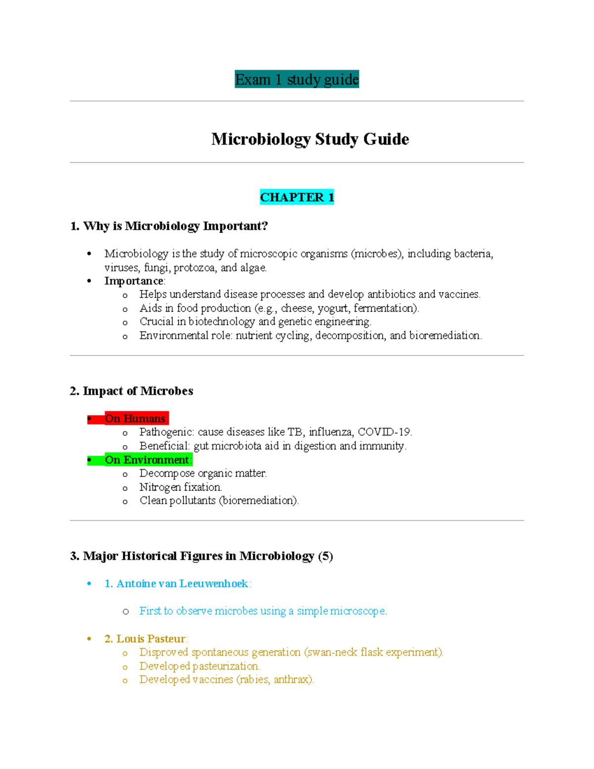 Microbiology Study Guide: Exam 1 (Chapters 1-5) Overview - Studocu