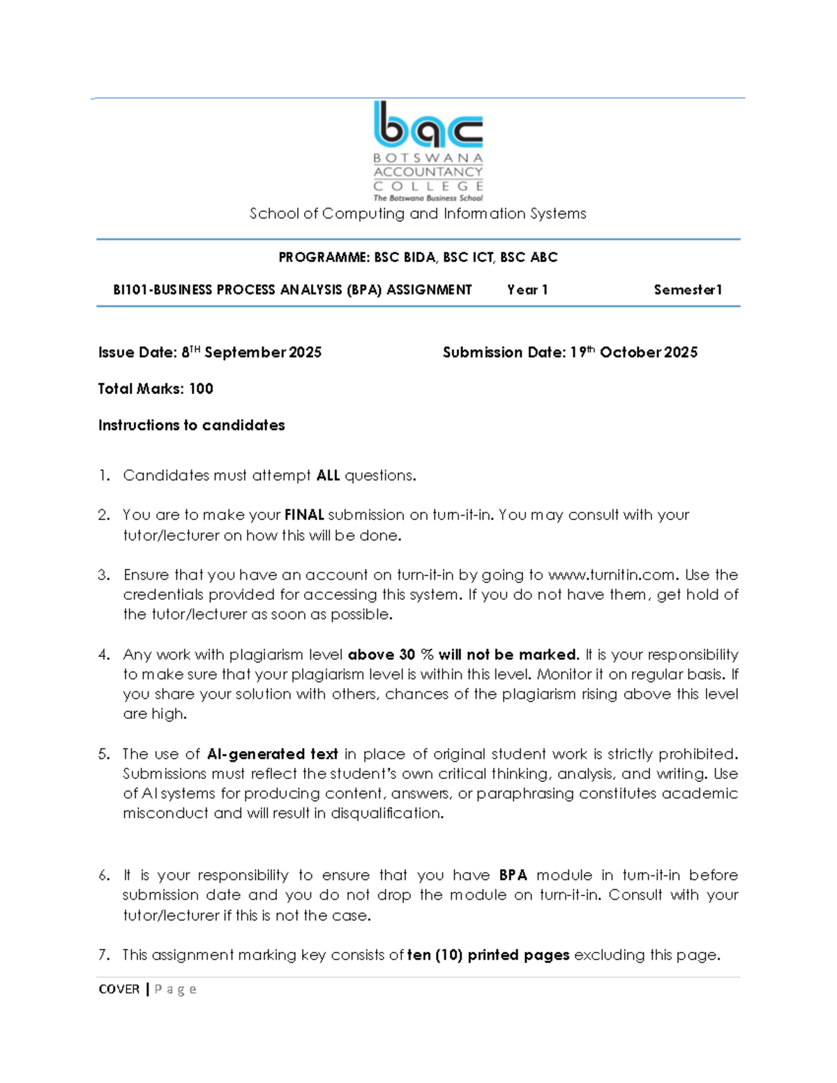 BI101 BPA Assignment Coursework QP 2025: Process Analysis Guide - Studocu