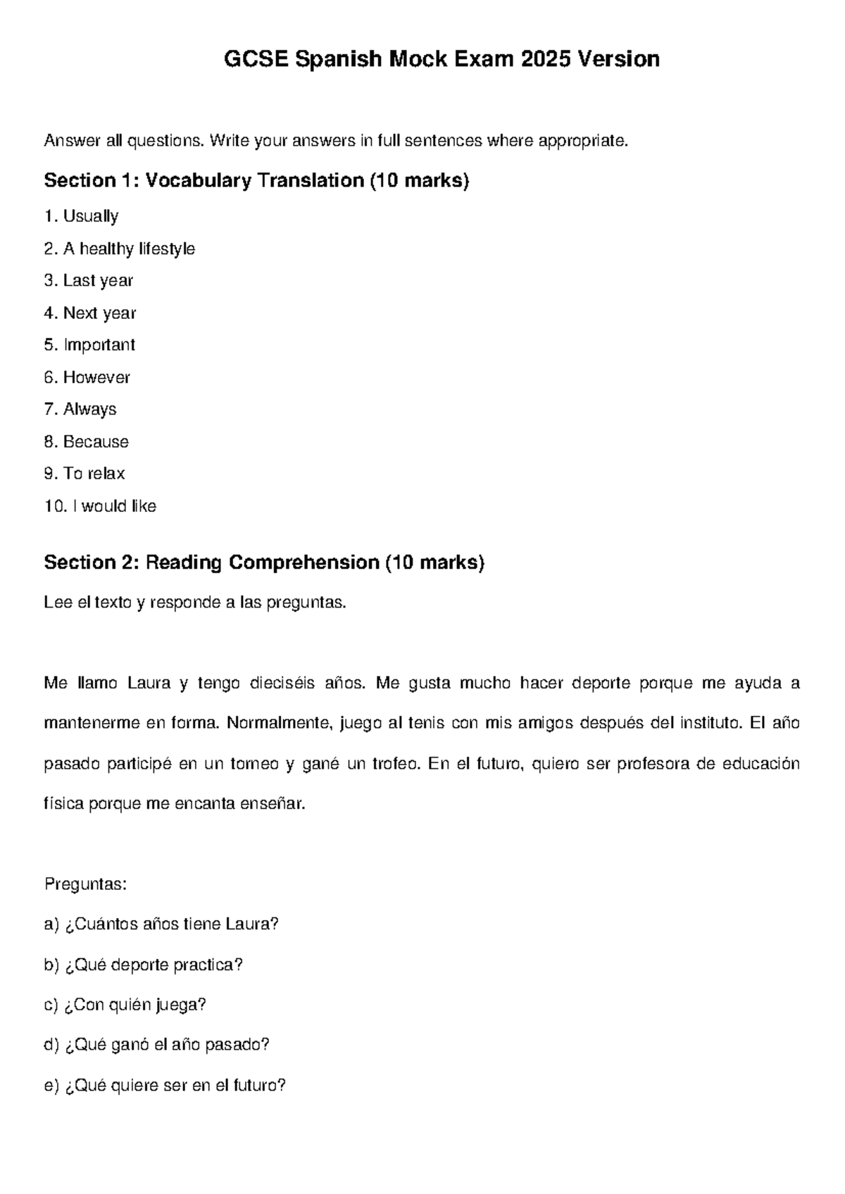 GCSE Spanish Mock Exam 2025: Vocabulary & Reading Comprehension - Studocu