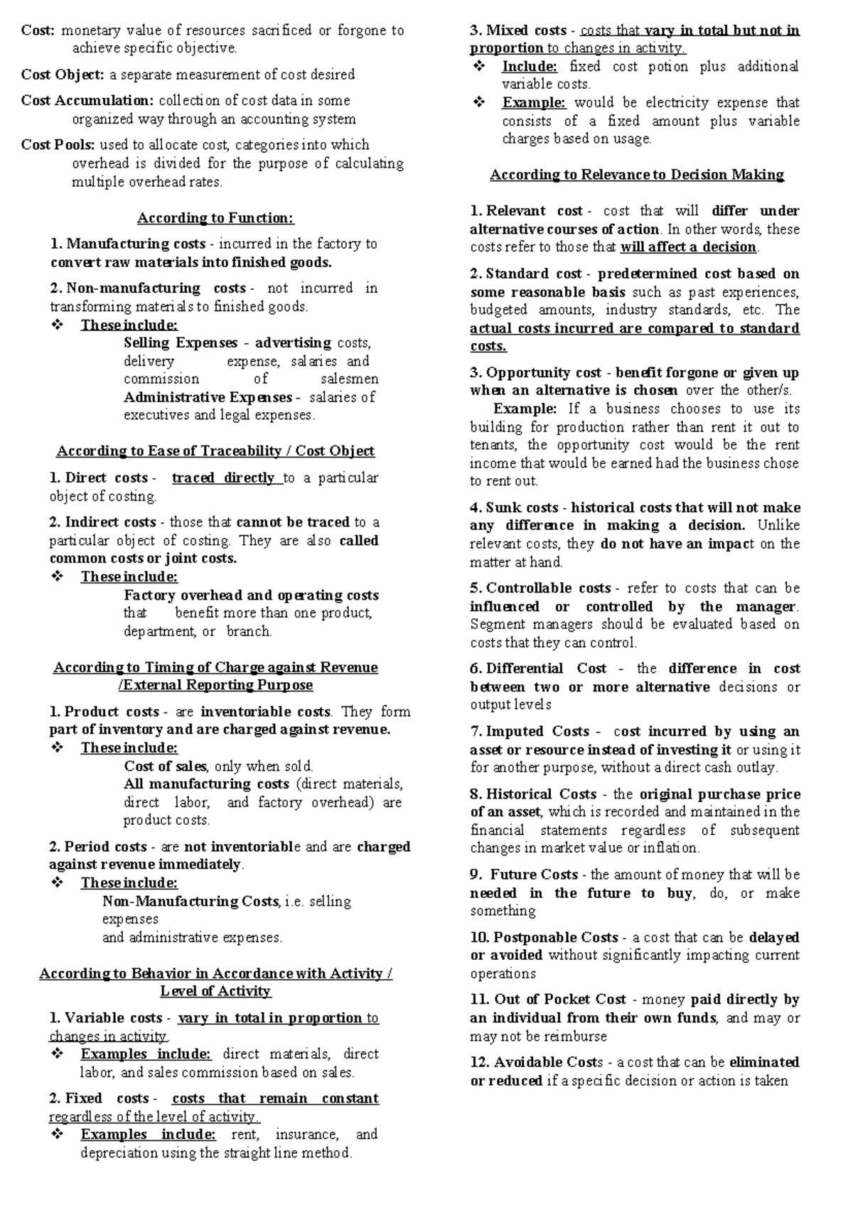 Cost Concepts and Classifications: A Comprehensive Review for ACC 101 ...