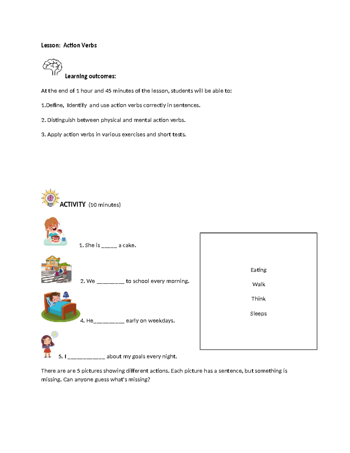 LPA: Lesson on Action Verbs - Learning Outcomes and Activities - Studocu