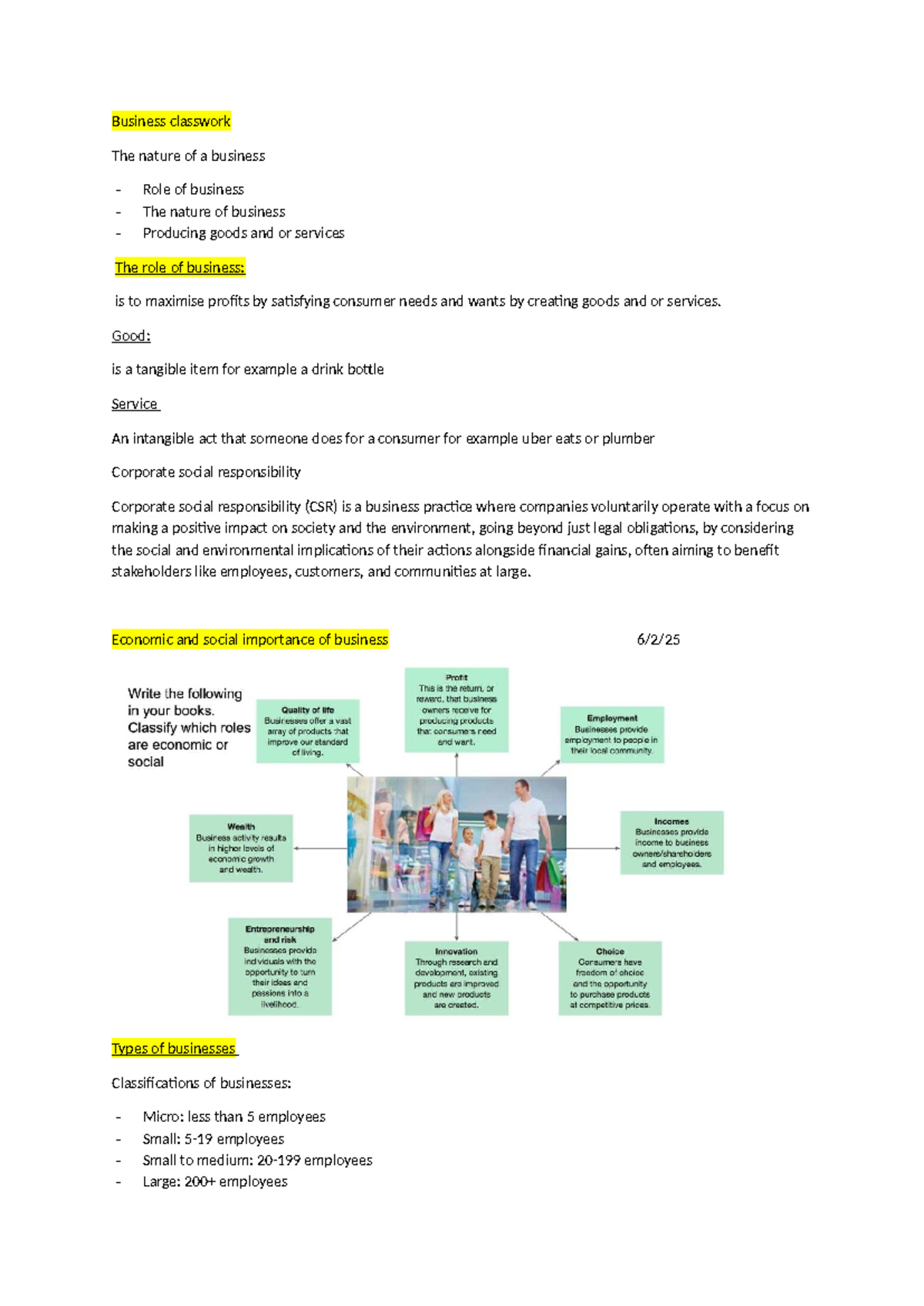 Business Classwork: Understanding the Nature and Role of Business - Studocu